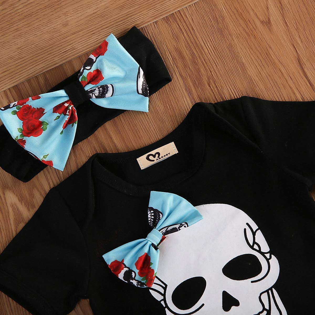 Yuemengxuan 4PCS Infant Newborn Baby Boys Girl Skull Romper+Pants+Hat+Mitten or Headband Halloween Clothes Outfit Set (Black+Blue, 0-6 Months)