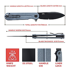 Firebird Ganzo FH922PT-GY EDC Folding Pocket Knife Razor Sharp D2 Stainless Steel Black Blade G10 Handle with Clip Outdoor Foldable Pocket Knife Hunting Fishing Hiking Gear Best Gift for Men (Gray)