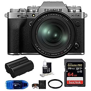 Fujifilm X-T4 Mirrorless Digital Camera with XF 16-80mm f/4 R OIS WR Lens (Silver) Bundle, Includes: SanDisk 64GB Extreme PRO SDXC Memory Card, Spare Fujifilm NP-W235 Battery + More (7 Items)