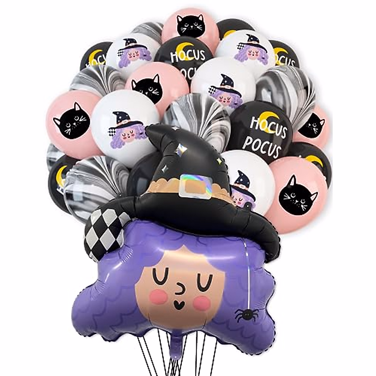 HOUSE OF PARTY Halloween Witch Foil Balloon-50PCS Black Pink White Witch, Cat Latex Balloons for Halloween Birthdays Graduation Party Decorations, School Classroom Games, Kids' Hand Out