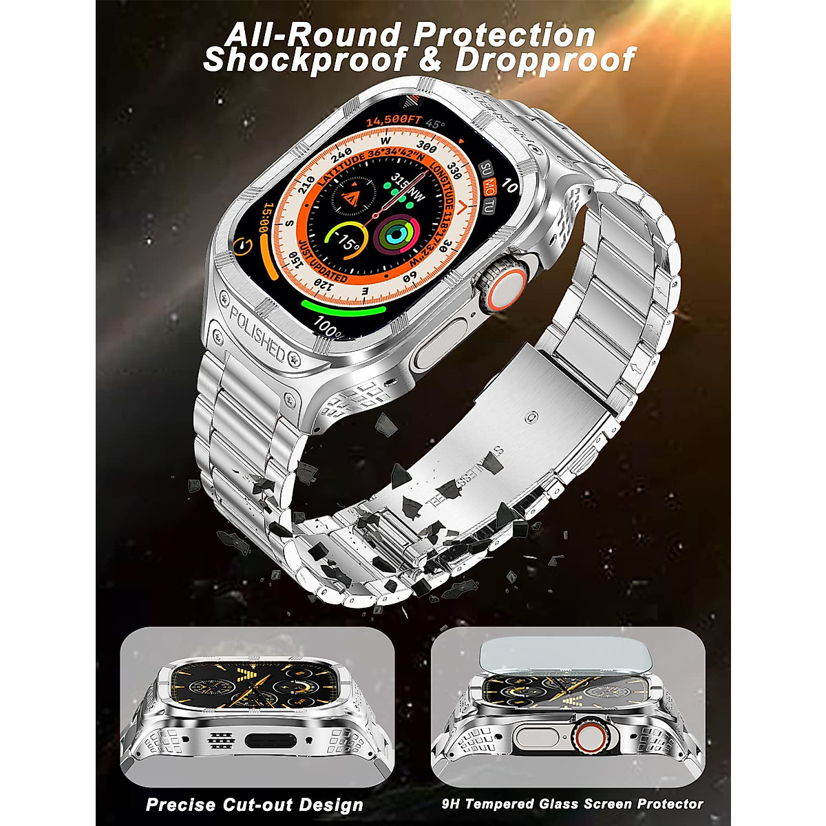 San Jeirie Stainless Steel Case and Band Compatible for Apple Watch Ultra/Ultra 2 Band 49mm,Rugged Apple Watch Ultra 1/2 Case with Metal iWatch Ultra Strap for Men (3-Silver, 49mm (Ultra 1/2))