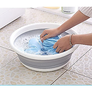 AAKitchen Collapsible Portable Wash Basin Dishpan 5L Kitchen Dish Pans Washing Basin Foldable Strainer Wash and Drain Dish Tub Drainer for RV, Camping, Marine, BBQ (White/Gray)