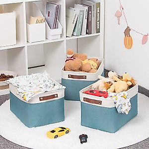 HNZIGE Fabric Storage Baskets for Organizing Small Baskets for Shelves, Laundry, Nursery, Closets, Decorative Baskets for Gifts Empty (White&Teal)