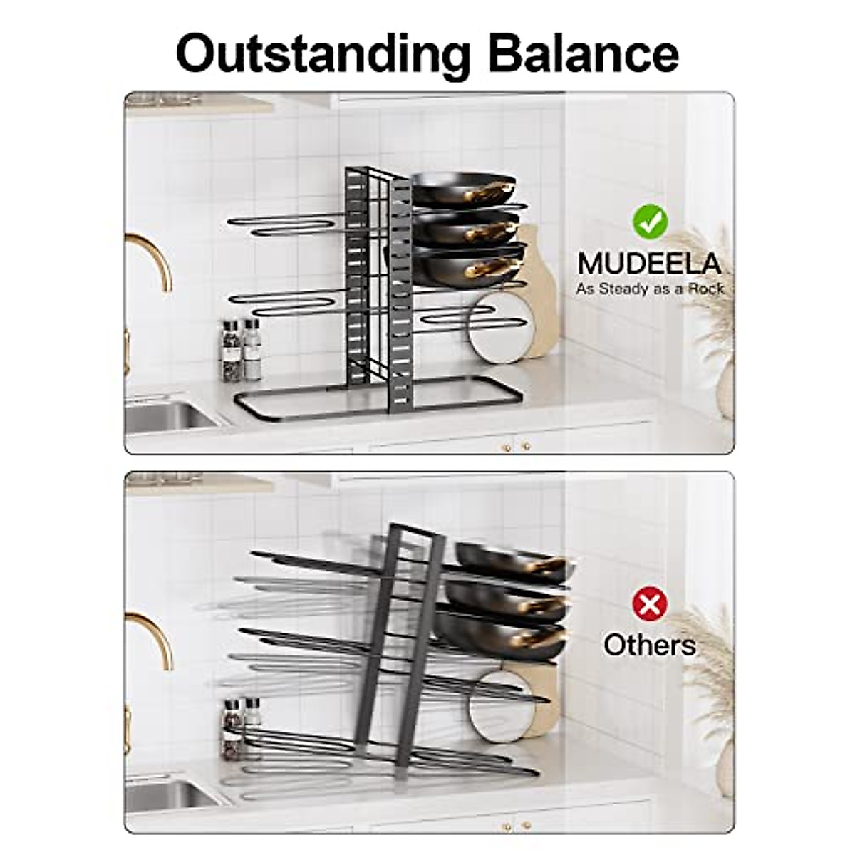MUDEELA Pots and Pans Organizer : Rack for Cabinet, 8-Tier Kitchen Cabinet Organizers and Storage, Adjustable Pot Racks, Pot Organizer Rack for under Cabinet with 3 DIY Methods