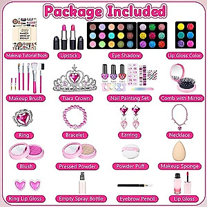 Hollyhi 65 Pcs Kids Makeup Kit for Girl, Washable Play Makeup Toys Set for Dress Up, Pretend Beauty Vanity Set with Cosmetic Case Birthday Toys for Girls 3 4 5 6 7 8 9 10 11 12 Year Old Kids Toddlers