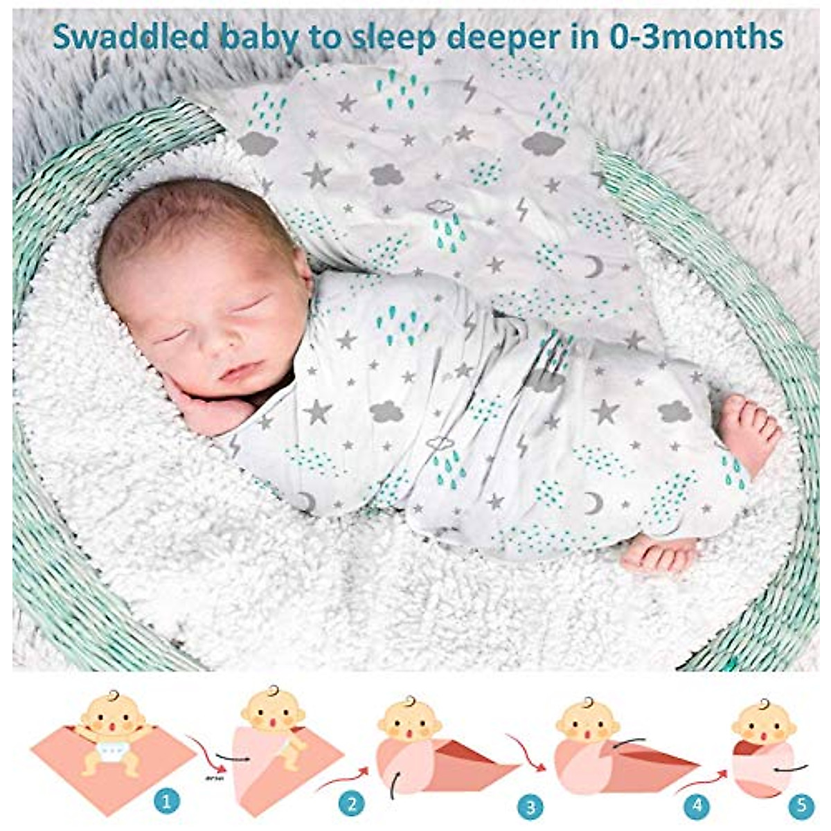 3 Pack Muslin Swaddle Blankets Girl Boy- Muslin Swaddle Blankets Boy - 100% Cotton - Large Size 47x47in - Soft Baby Muslin Blankets- Aqua/Grey Waves, Stars, Clouds, Rain