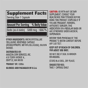 Amazon Elements Vegan Biotin 5000 mcg - Hair, Skin, Nails - 130 Capsules (4 month supply) (Packaging may vary)