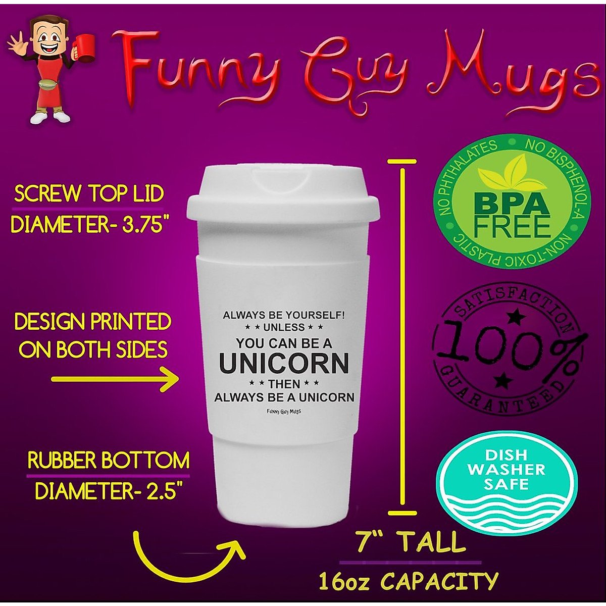 Funny Guy Mugs Always Be Yourself Unless You Can Be A Unicorn Travel Tumbler With Removable Insulated Silicone Sleeve, White, 16-Ounce