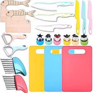 6 Pieces Wooden Kids Safe Knife Set, Parent-Child Games Exercise Hands-On Ability, Include Wood Kids Safe Knife, cake scraper, Plastic potato slicer，Serrated Edges Plastic Toddler Knife