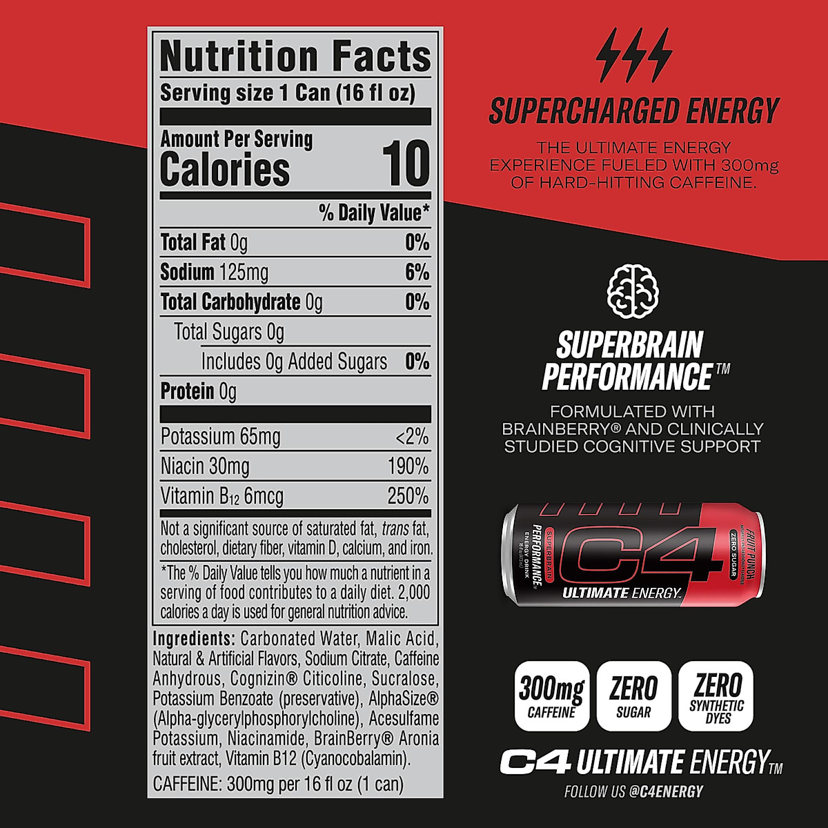 C4 Ultimate | 300mg Caffeine Sugar Free Energy Drink | Fruit Punch | Pre Workout Performance Drink | 16oz (Pack of 12)