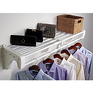 EZ Shelf-Expandable-Closet Shelf with Hanging Rod- 42.5” to 75” -White-Easy Install to Backwall(Floating)-Wire Closet Shelving Alternative-(EZS-SCRW72-1-2)
