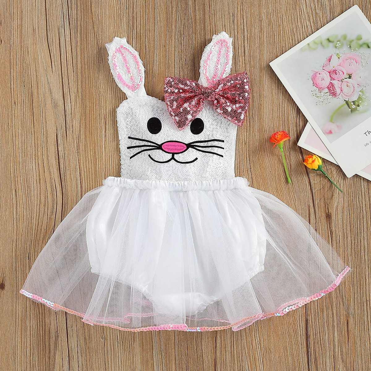 Infant Toddler Baby Girl Easter Outfits Sequin Rabbit Bunny Romper Tutu Dress Bow Halter Sleeveless Bodysuit Party Dresses (White, 18-24 Months)