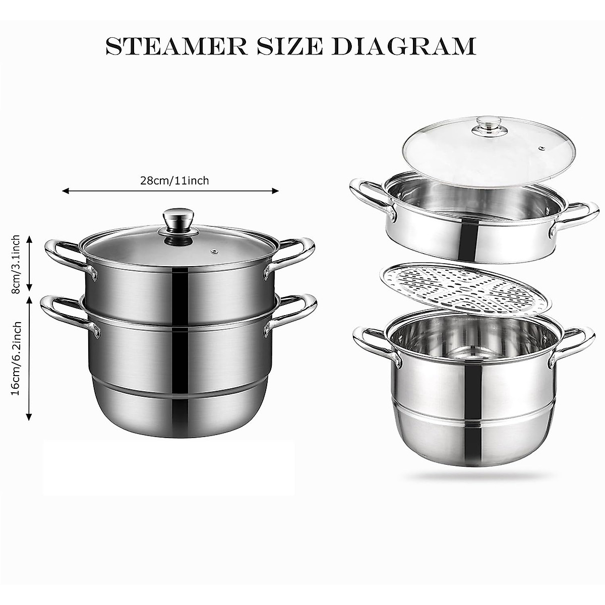 Steamer for Cooking, Food Grade Stainless Steel Steamer Pot, 11 inch Steam Pots with Glass Lid 2-tier for Cooking Vegetables, Seafood, Soups, Stews and Pasta Cooking Tool (28cm)