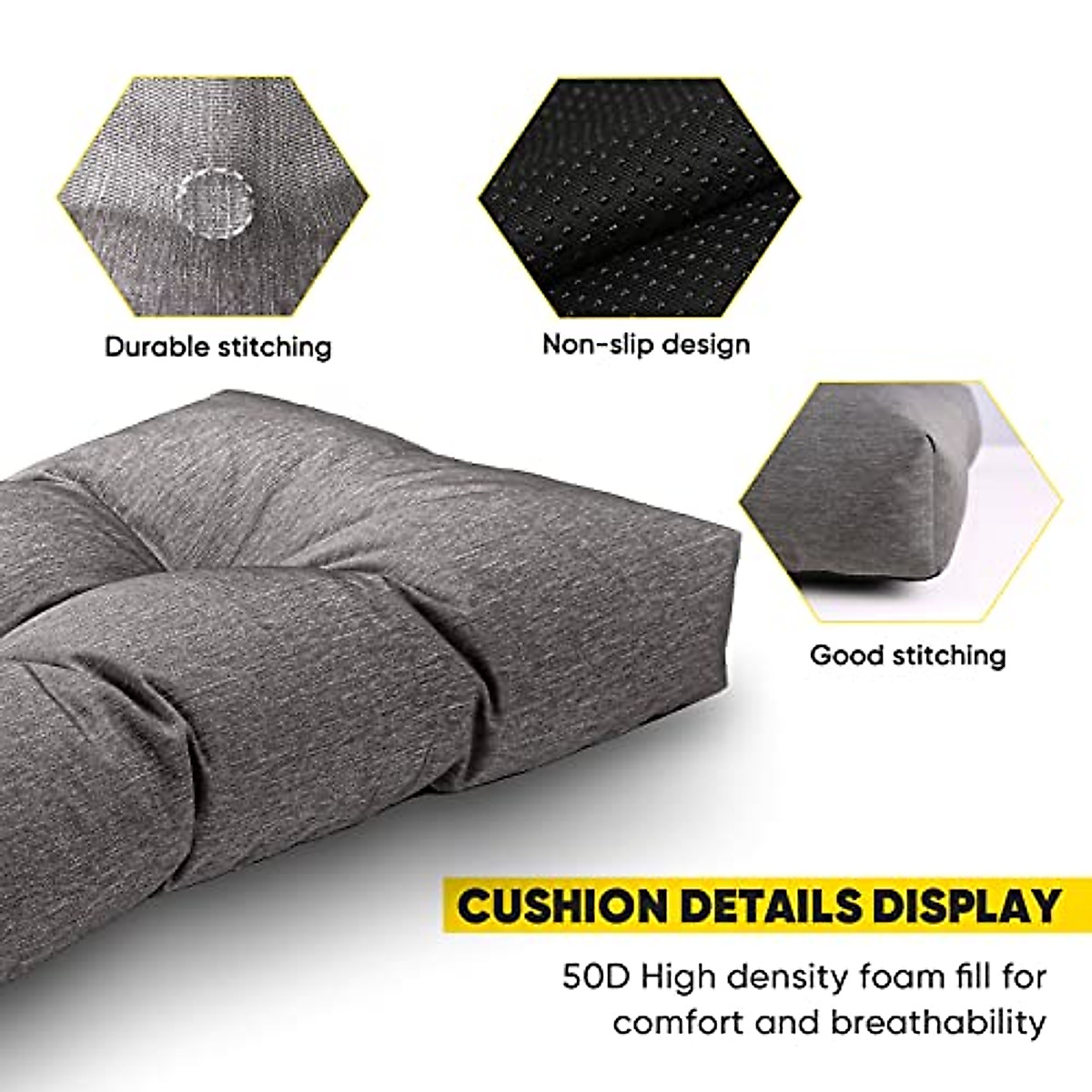 Millsilo Outdoor Bench Cushion, Indoor Tufted Memory Foam Furniture Cushions, Water Resistant Patio Bench Cushions, Non Slip Thicken Garden Settee Kitchen Dining Seat Pads 42x16x4 in, Heather Grey