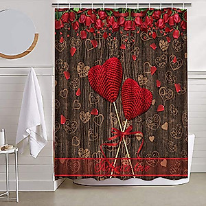 Claswcalor 4 Pcs Valentine’s Day Shower Curtain Set with Non-Slip Rugs, Toilet Lid Cover and Bath Mat, Red Love Heart Shower Curtains with 12 Hooks, Rose Vintage Shower Curtains for Bathroom Decor