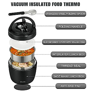 wiwens Thermo Food Jar for Hot Food Adults 32OZ Soup Thermo Lunch Containers Wide Mouth Vacuum Insulated Stainless Steel Leakproof Bento Box with Spoon (Black)
