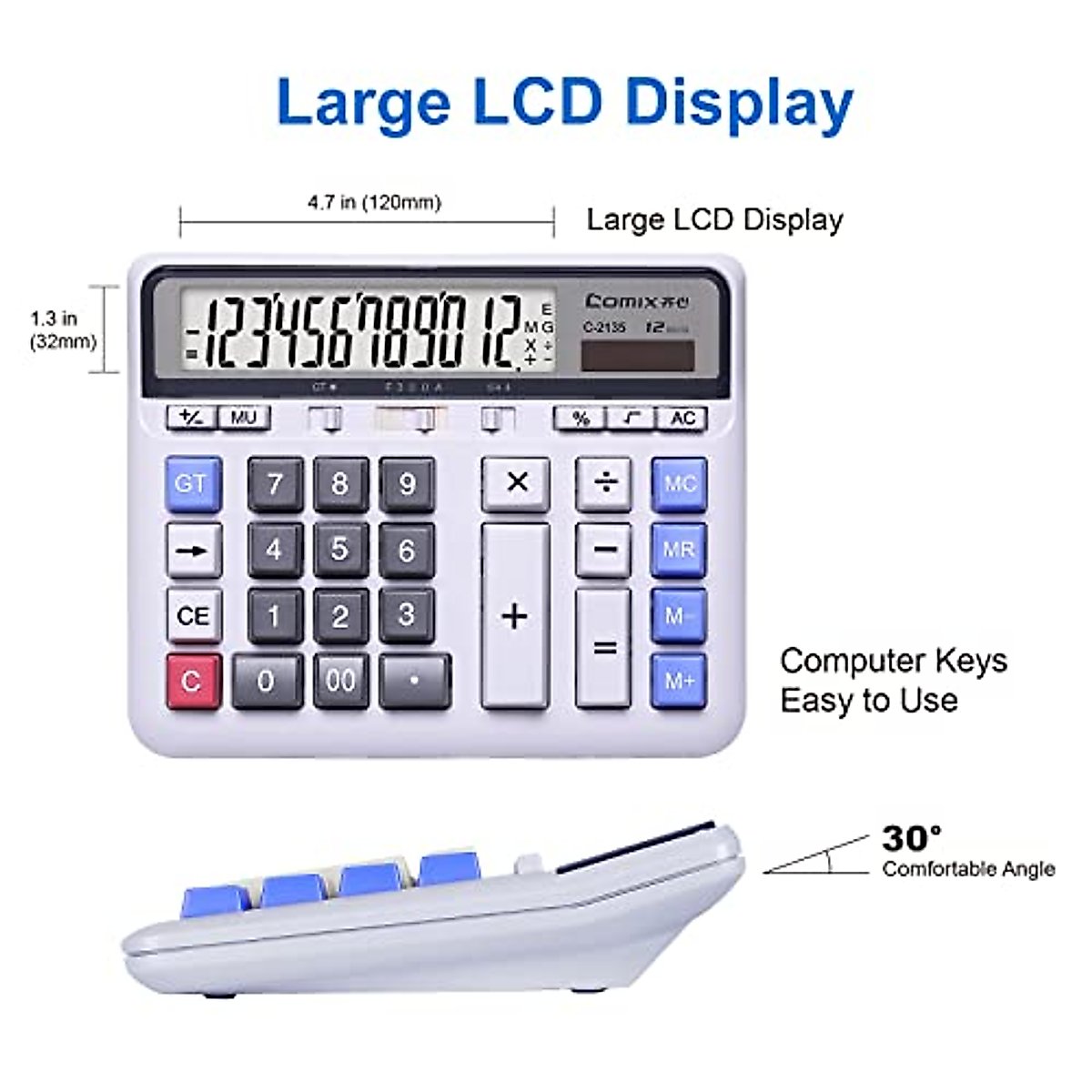 Comix Desktop Calculator Solar Battery Dual Power with 12-Digit Large LCD Display and Large Computer Keys Office Calculator for Home Office School