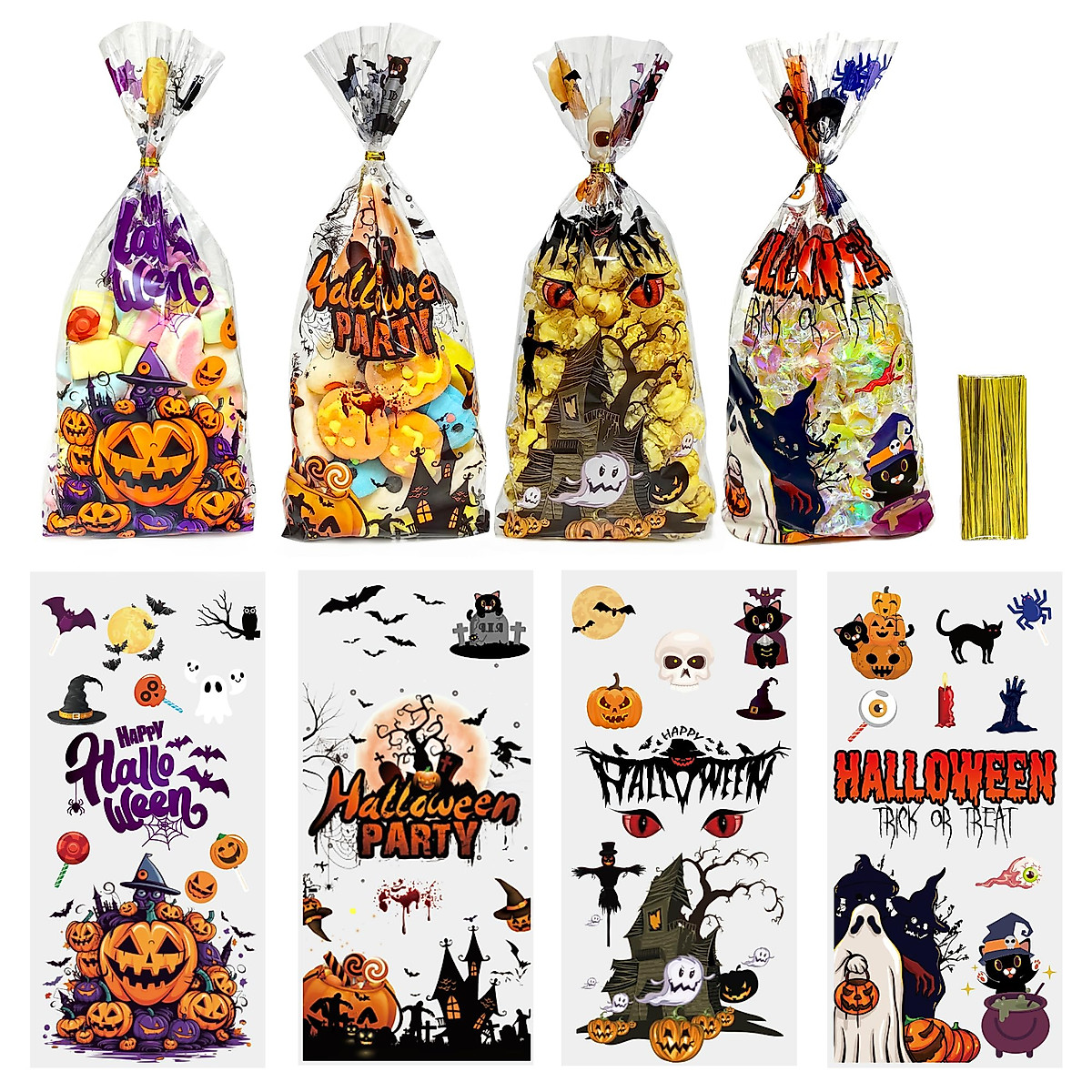 Halloween Treat Bags, Halloween Candy Bags, Halloween Cellophane Treat Bags, 60PCS Plastic Halloween Cookies Goodie Gift Bags with Ties for Halloween Trick or Treat Party Favors Supplies, 4 Style