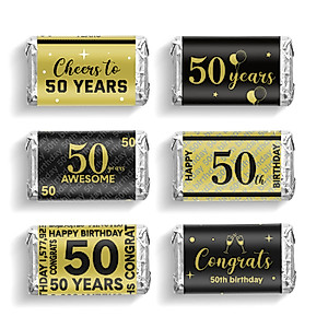 Tenare 90 Pcs 50th Birthday Candy Bar Wrappers Black and Gold Stickers Chocolate Decoration Label Mini Candy Label Stickers for Anniversary Birthday Party Supplies