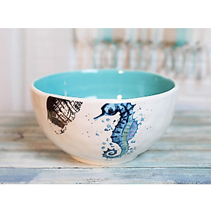 Ebros Nautical Marine Coastal Sea Life Blue And White Seahorse Ceramic Dinnerware For Beach Party Hosting Kitchen And Dining Earthenware Serveware (Large Pasta Noodles Salad Soup Serving Bowl 95oz)