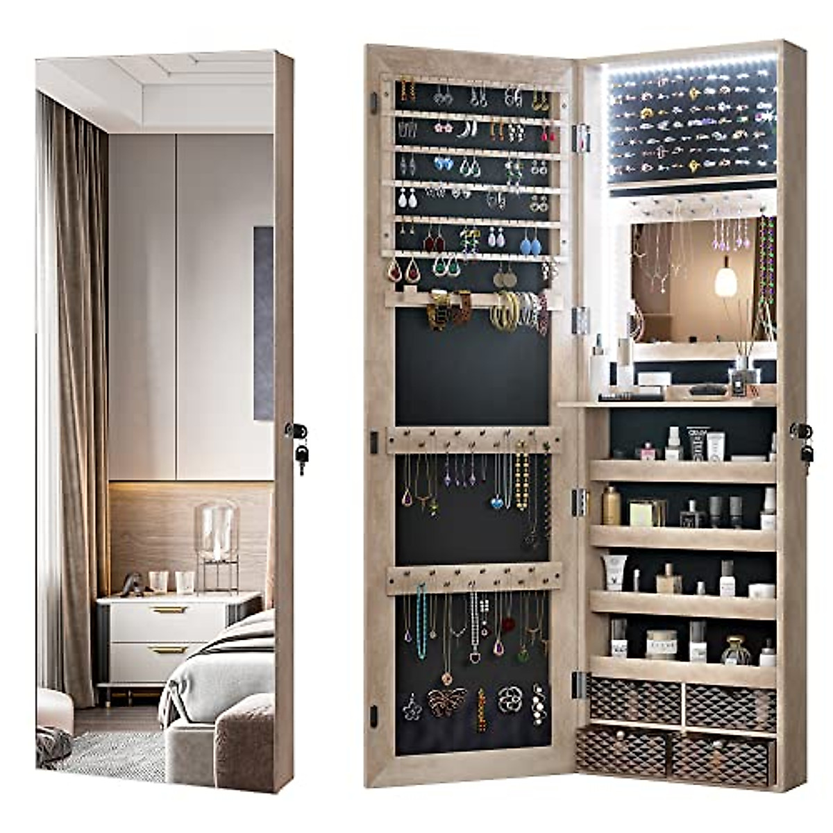 Vlsrka Mirror Jewelry Cabinet, Upgraded 3 LED Lights Wall/Door Mounted Jewelry Armoire Organizer, 47.2" Full Length Mirror with Storage, Built-in Lighted Mirror, 4 Drawers, 5 Shelves, Lockable, Wood