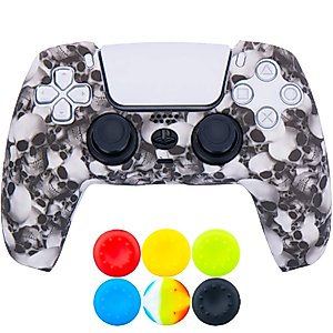 9CDeer 1 Piece of Silicone Transfer Print Protective Thick Cover Skin + 6 Thumb Grips for Playstation 5 / PS5 Controller White Skulls
