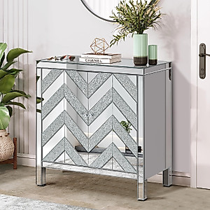 LUMISOL Silver Mirrored Cabinet, Modern Sideboard Cabinet for Entryway Living Room, Floor Cabinet with Crystal Design Handle, Accent Cabinet, Silver White