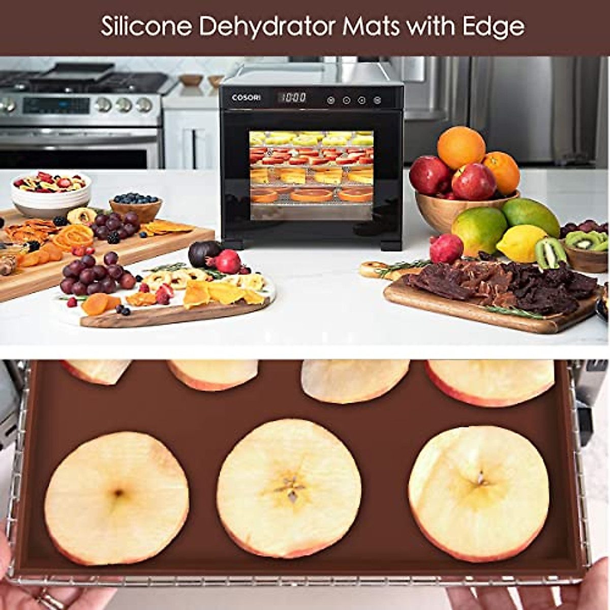 6PCS Silicone Dehydrator Mats with Edge NonStick Square Dehydrator Trays for Cosori CP267-FD,High Temperature Resistance Reusable for Meat Vegetables Fruit Food