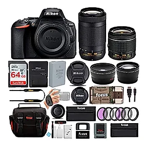 Nikon D5600 24.2MP DSLR Camera with 18-55mm and 70-300mm Lenses Bundled with 64GB SD Card, Filters, and Accessories (9 Items)