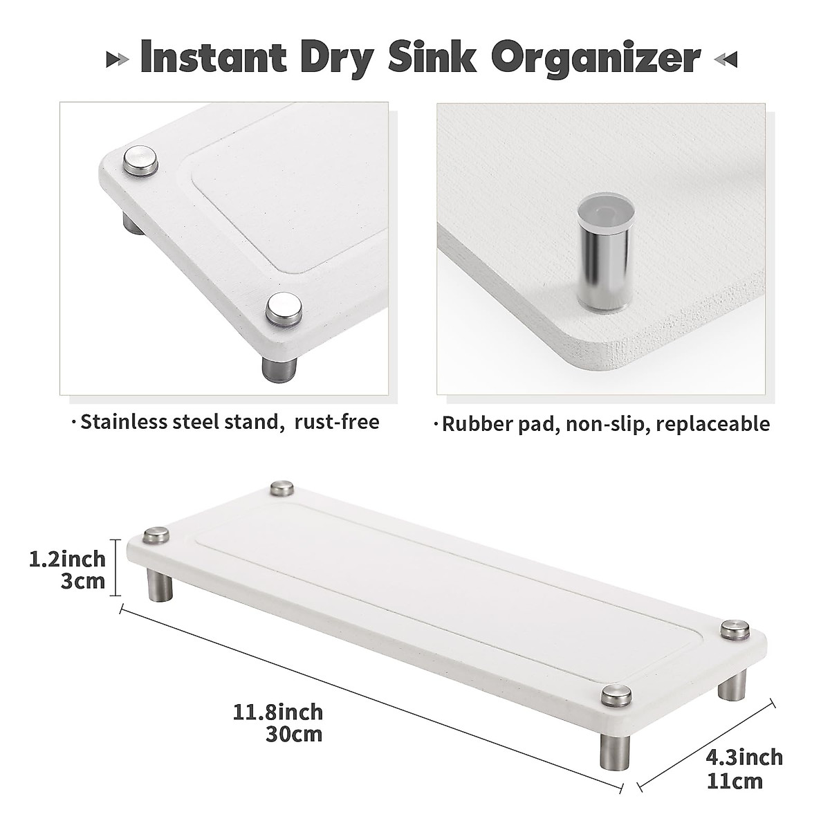 Johamoo Fast Drying Stone Sink Tray, Bathroom Instant Dry Sink Organizer, Diatomaceous Earth Water Absorbing Stone Tray for Kitchen Counter, White