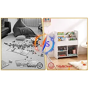 VECELO Kids Book Organizer - Wooden Children’s Bookshelf with 3-Tier Display and 2-Tier Storage Compartments, Easy-to-Access Toddler Bookcase for Playroom, Bedroom, or Nursery - White