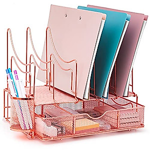 ARCOBIS Rose Gold Desk File Organizer for Women, Desk Organizers and Accessories with Pen Holder & Sliding Drawer & Vertical File Folder Sorters, Cute Desktop File Holder for Office Supplies