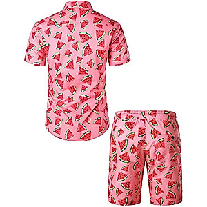 JOGAL Men's Fun Fruit Printed Short Sleeve Button Down Hawaiian Shirt Suits XX-Large Pink