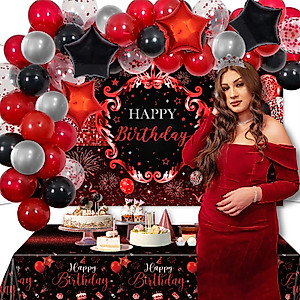 Lecheme Red and Black Birthday Decorations Happy Birthday Backdrop 66 Pcs Balloons Set Red and Black Birthday Party Supplies for Men Women Red Party Decorations for Birthday