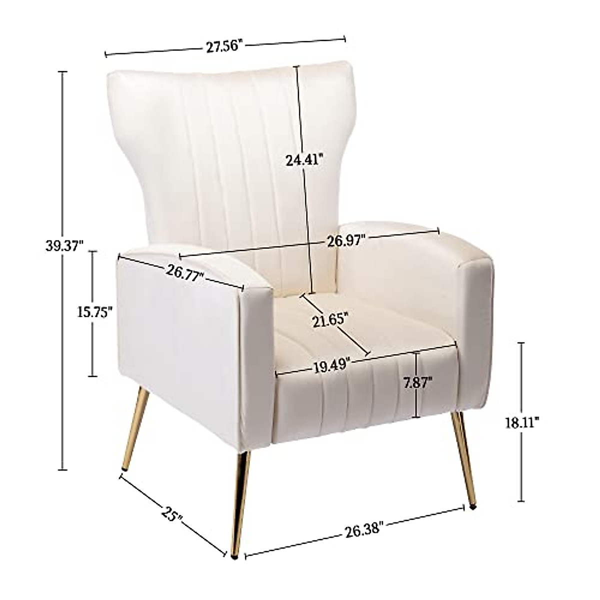 KCC Velvet Accent Living Room Chairs Set of 2, Mid Century Armchair with High Back for Bedroom, Upholstered Single Sofa with Golden Metal Legs,Cream