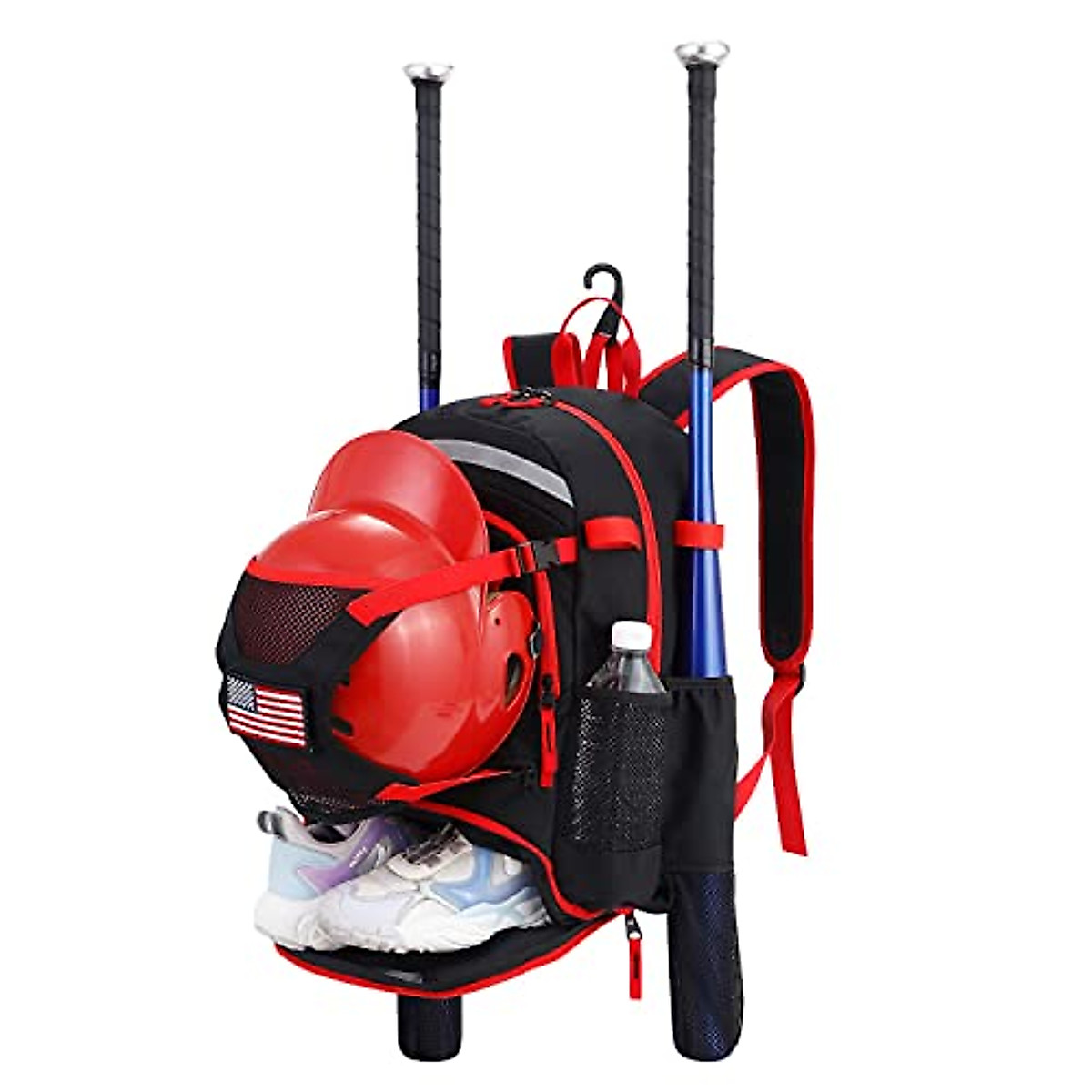 Baseball Bag Softball Bag, Baseball Backpack for Youth Boys and Adult, Bat Bag with Shoes Compartment & Fence Hook, With Hidden External Helmet Holder for Baseball, T-Ball & Softball Equipment & Gear (A-Black)