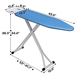 ALIMORDEN Space Saver Ironing Board 43" X 13" with Smart Hanger Adjustable Height 28"-35" Easy Storage, Heat Resistant Silicone Tray, Padded Top Blue