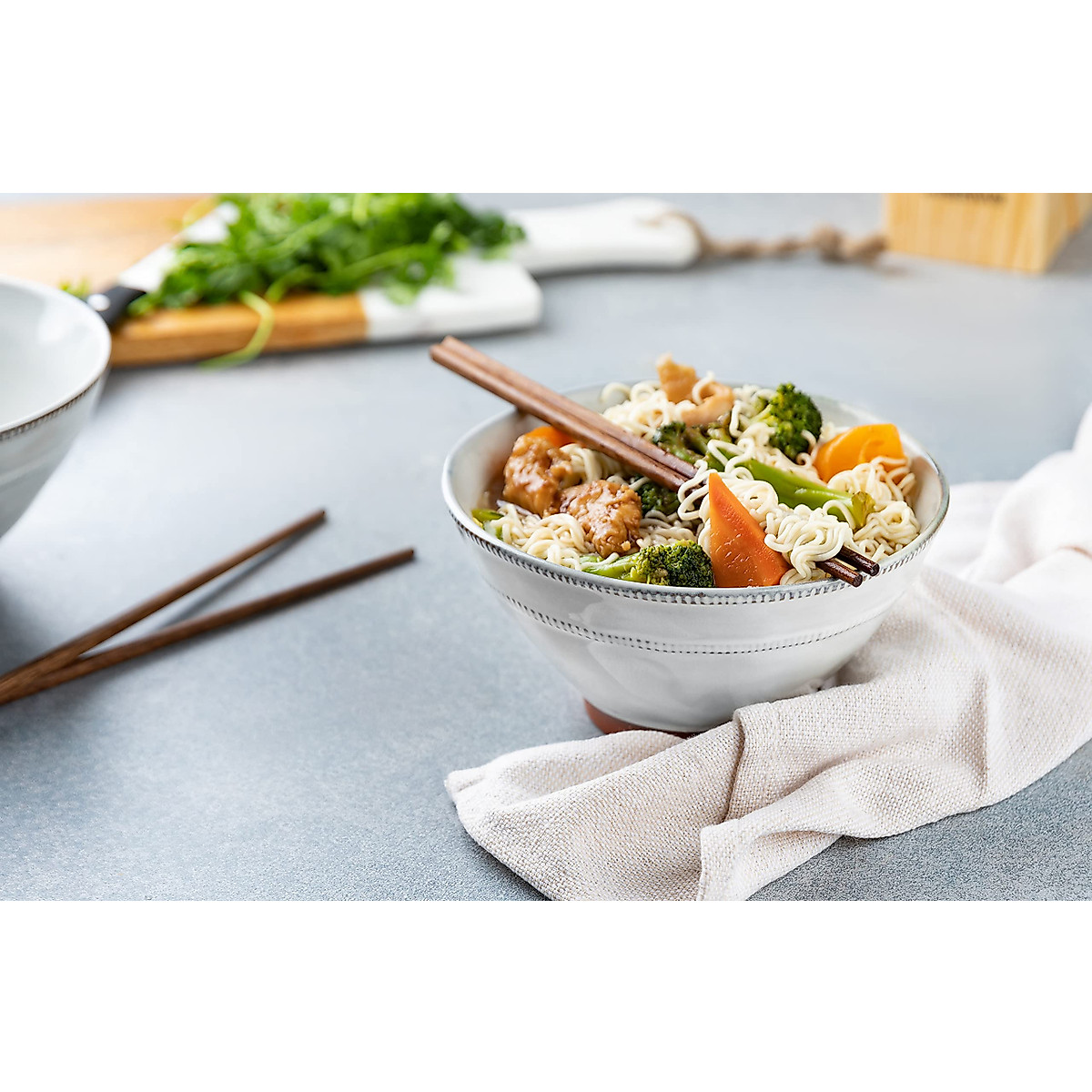 KooK Ramen Bowls, Terracotta Japanese, Microwavable, Dishwasher Safe, for Rice, Udon, Soba, Pho, 36 oz, with One Set of Wooden Chopsticks, Set of 2 (Cloudy White)