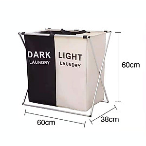 125L Laundry Basket Clothes Hamper Organizer Sorter Storage Foldable 2 Sections Hampers with Aluminum Frame (24x 15x 23 inches) Washing Dirty Cloth Bag for Bathroom Bedroom Garage (white gray)