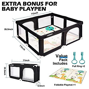 ROMPICO Foldable Baby Playpen with Mat, Foldable Large Baby Playpen for Toddler, Indoor & Outdoor Playard for Kids Activity Center, Sturdy Play Yard with Soft Breathable Mesh (Foldable 71”x71”, Black)