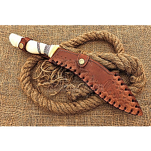 HUNTEX Unique Custom Handmade Hand Forged Damascus Steel 15 Inch Long Full Tang Camel Bone Handle Razor Sharp Hunting Camping Kukri Knife with Genuine Leather Sheath