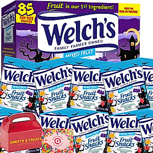 Halloween Treats Fruit Snack Welch's Gummy Flavor | 85 Fun Size Pouch - 0.5 Ounce Each | Shapes - Ghost Bat Jack-O-Lantern Witches Haunted House | Trick Treat Party Event - Muchai Card & Bag Included