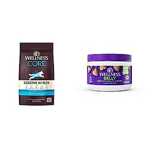 Wellness Digestive Health Trial Bundle: CORE Digestive Health Dry Dog Food with Wholesome Grains (Whitefish, 4-Pound Bag) Digestive Health Soft Chew Dog Supplement, Pumpkin Flavor, 45 Count