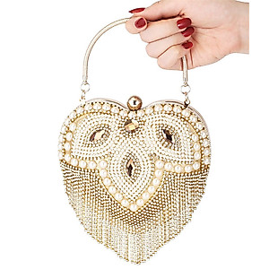 WANLIAN Women Luxury Cute Heart Shape Tassel Evening Clutch Bag Rhinestones Wedding Party Purse Handbag With Earrings Necklace(Gold7)