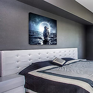 Moon Painting Astronaut Wall Art - Framed Spaceman Print Decoration 12 x 12 Inches Inspirational Outer Space Canvas Picture Bright Moonlight Poster Modern Planet Artwork For Bedroom Living Room Decor