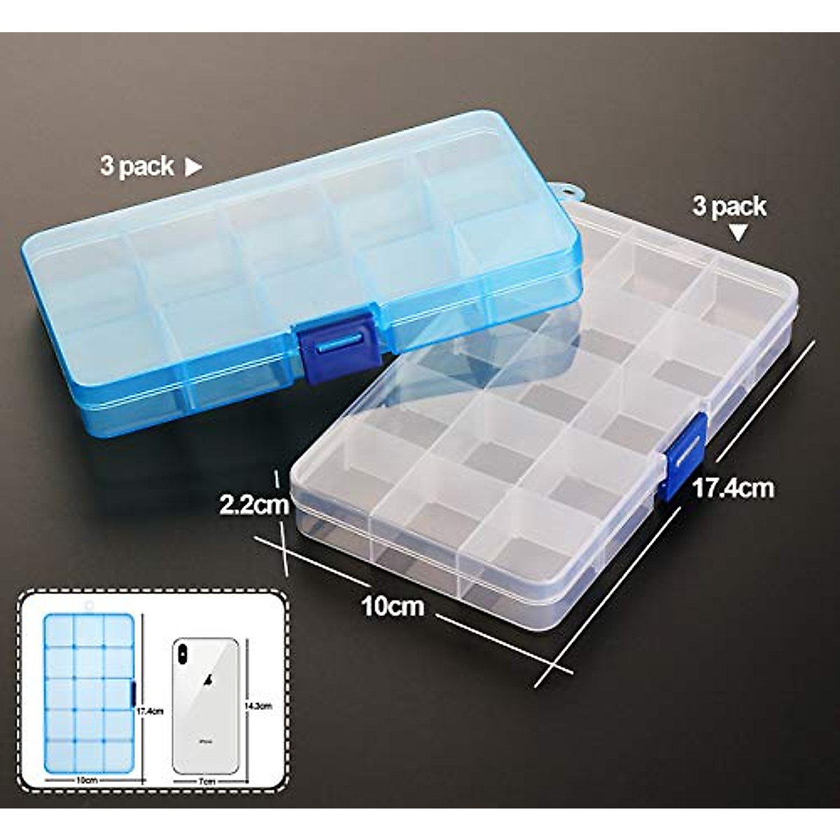6 Pack Plastic Bead Organizer Storage Box with Compartments Containers with Adjustable Dividers Clear Storage Box for Earring Jewelry Beads Fishing Sewing Craft Supplies, 15 Grids