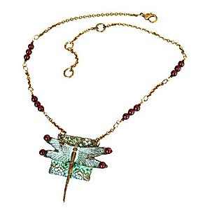 Elaine Coyne Collectible Artwear Verdigris Patina Dragonfly Necklace with Garnet - USA Made