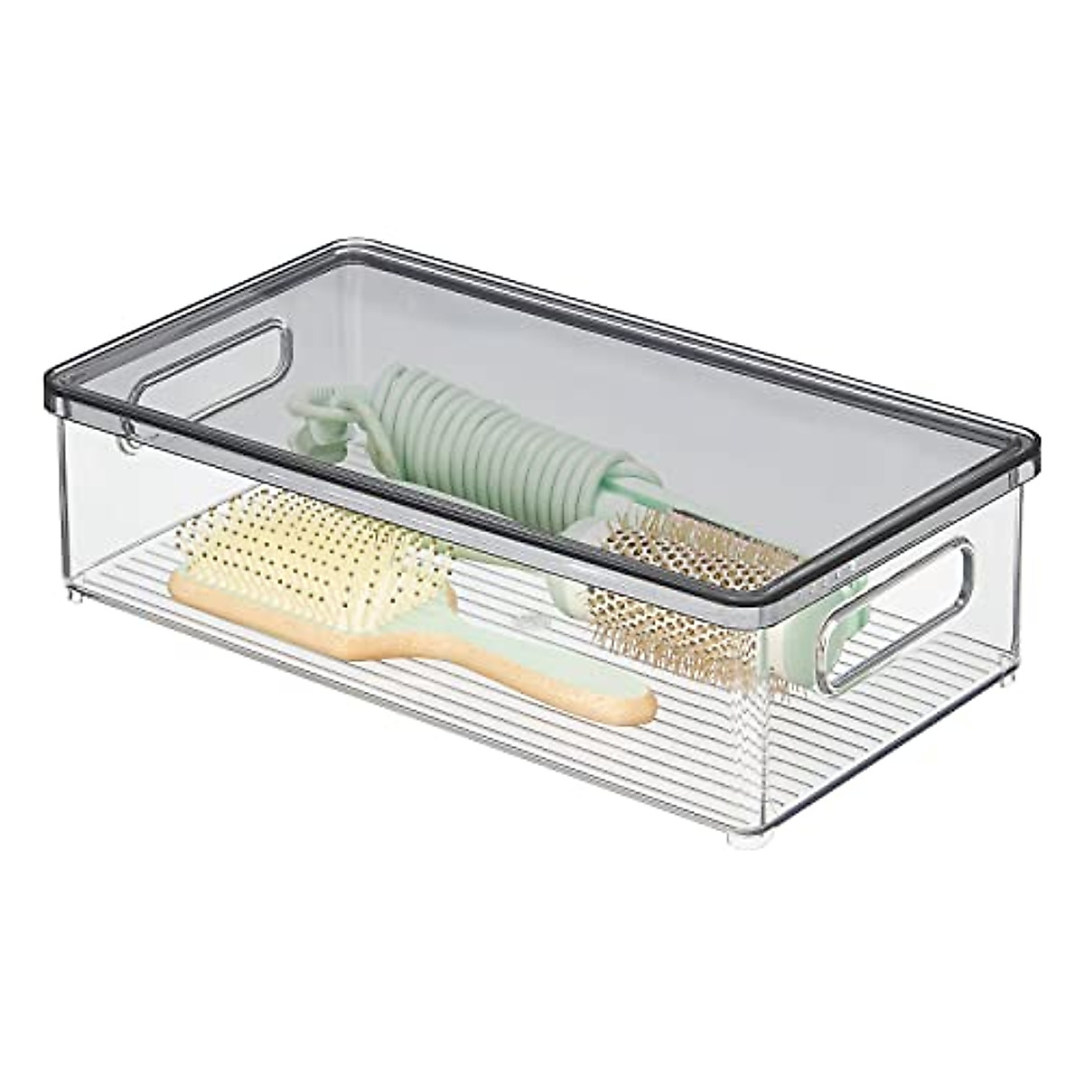 mDesign Small Plastic Stackable Bathroom Cabinet Storage Bin Box with Handles/Lid, Drawer Stacking Organizer for Soap, Lotion, Towels, and Accessories, Ligne Collection, 4 Pack, Clear/Smoke Gray, 15 x 8.5 x 4.2