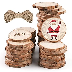 LovesTown 50pcs DIY Craft Unfinished Wood kit,2.4-3 Inches Bark Wood Slices Unfinished Wood Disc with Hole DIY Wooden Ornaments for Wedding Decorations Christmas Ornaments