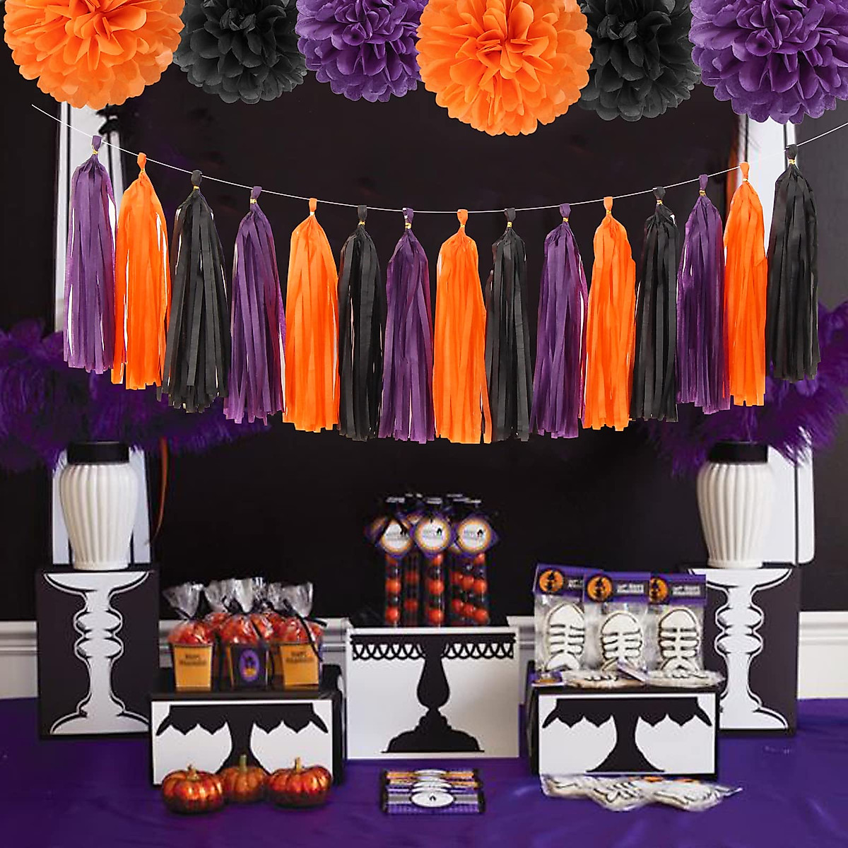 Black Purple Orange Halloween Party-Decorations - 23pcs Tissue Pom Poms Streamers,Tassel Garland Banner,Graduation 2023 Birthday Wedding Baby Bridal Shower Decor Bunting Lasting Surprise